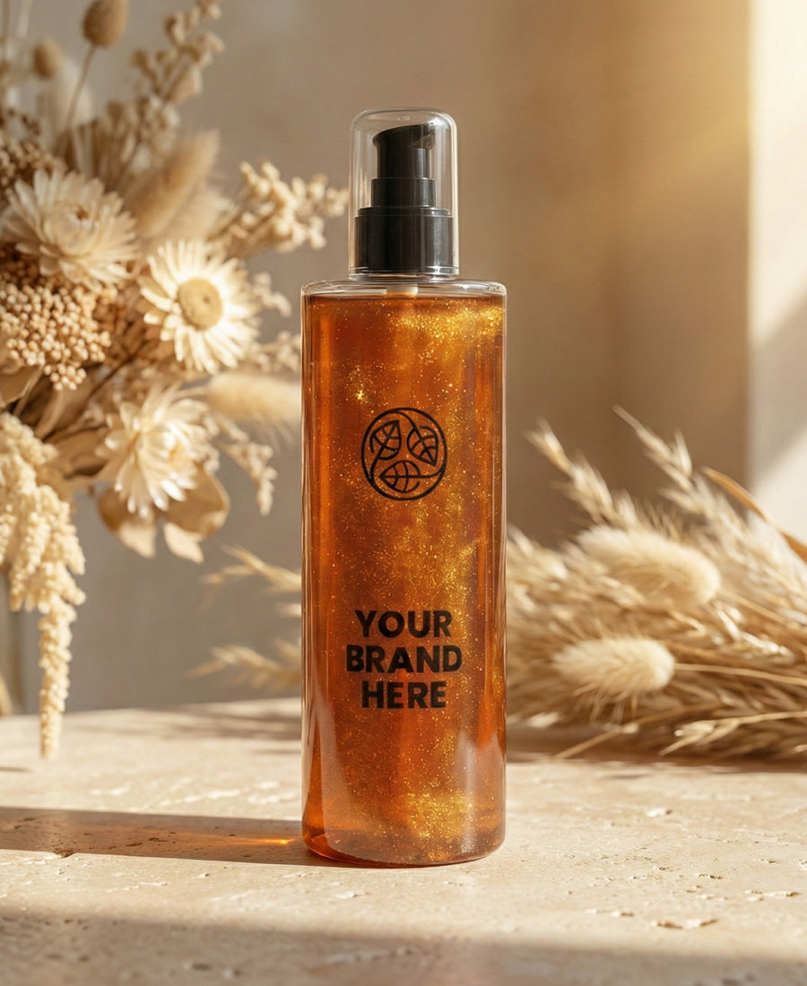 Private Label Shimmer Tanning Oil Gold - 200 ml. | Made By Nature Labs